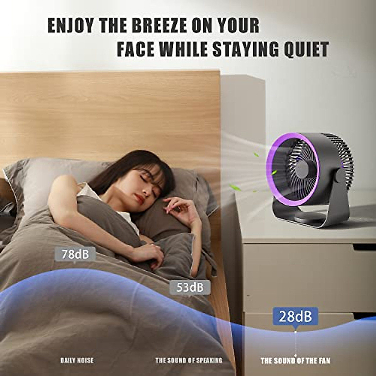 AIBAASAA table fan. Battery operated fan. Quiet home desk fan. Bedside fan. 4000 ma. Up and down 90° adjustable. Three speeds. Portable fan. Suitable for living room, bedroom, kitchen use. (Grey)