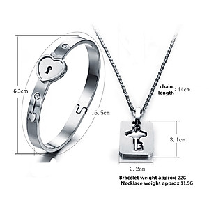 Naivo Romantic Stainless Steel Bracelet Love Heart Lock Bangle Key Pendants Necklace Lovers Jewelry set (Steel color)