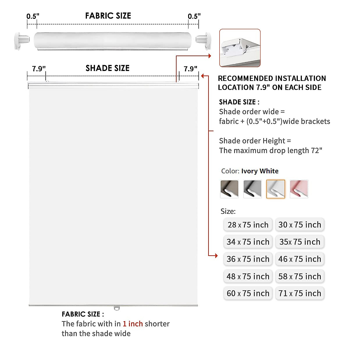 Joydeco Blackout Cordless Roller Shade White Fabric Mini Blinds & Shades for Windows 28 Inch Wide Home Darkening(28x 75)