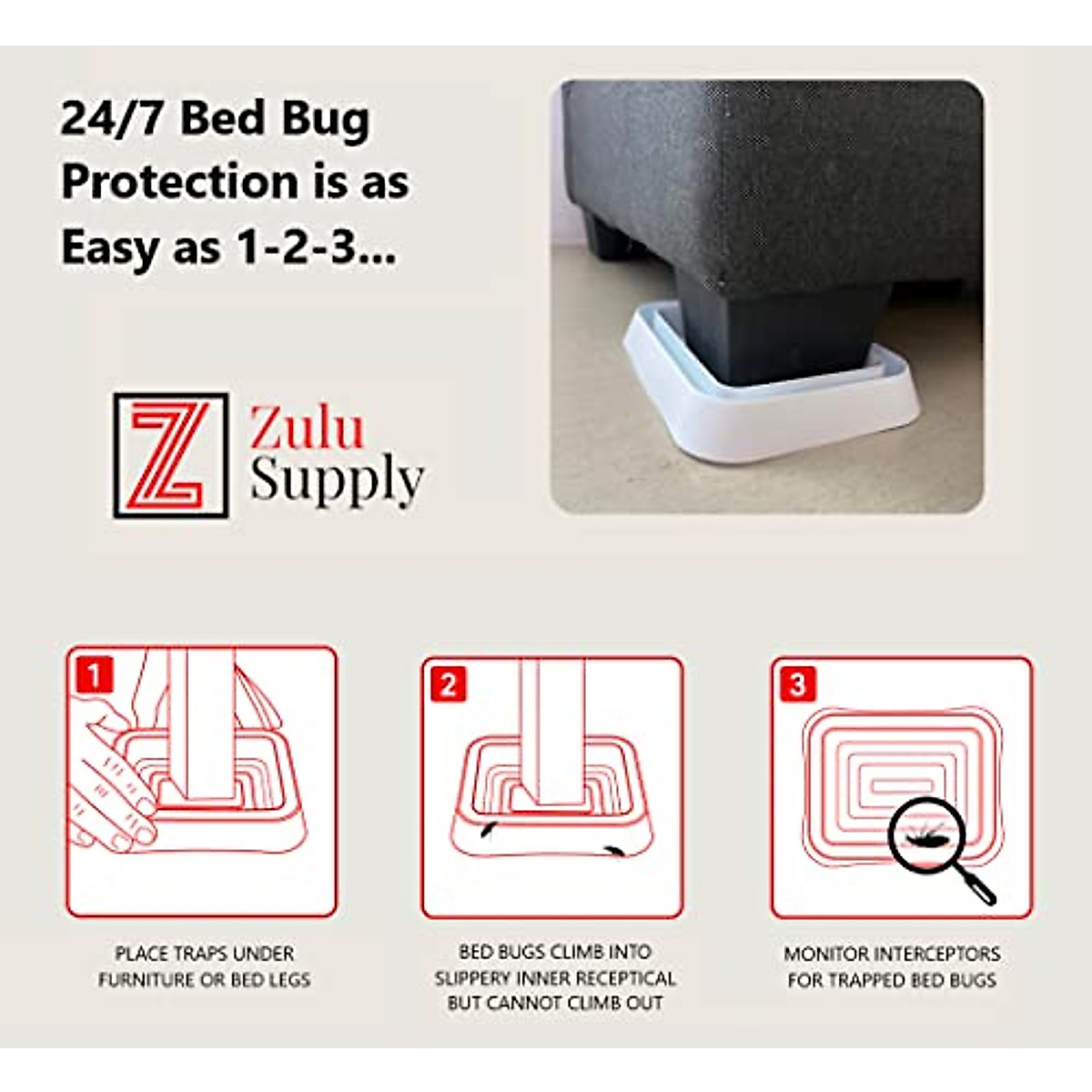 Zulu Supply XL Bed Bug Interceptors, Traps, 4 Pack, White, Extra Large, Bedbug Monitor, Insect Detector for Bed Legs or Furniture