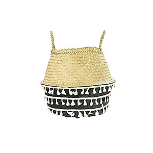 Creative Co-Op Beige & Black Natural Seagrass Collapsible Handles & White Tassels Basket