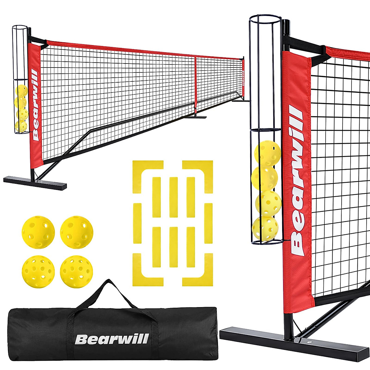 Bearwill Pickleball Net, 22 FT Pickleball Net for Driveway, Regulation Size Portable Pickle Ball Net for Outdoor Backyard, Steady Metal Frame with Court Marker, Ball Holder, 4 Pickleballs & Carry Bag