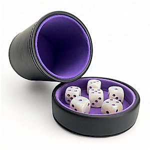Luck Lab Leather Dice Cup with Lid Including 6 Matching White Pearl and Purple Dice - Purple Velvet Interior for Quiet Shaking - Use for Liars Dice Farkle Yahtzee Board Games, Black