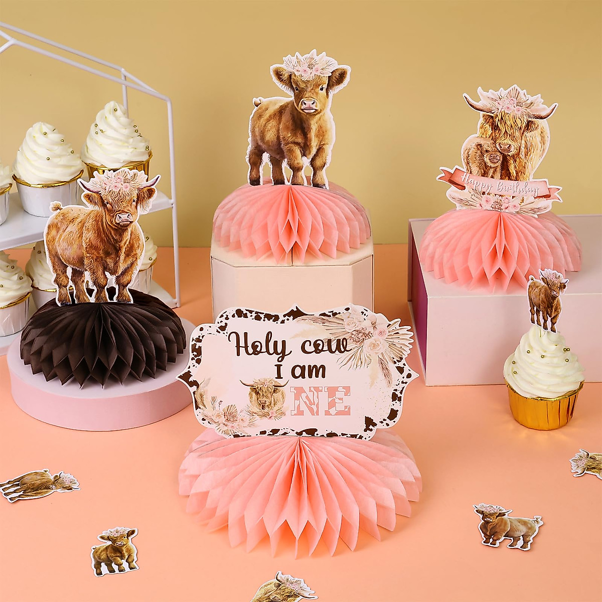 8 Pack Highland Cow Honeycomb Centerpieces Highland Cow 1st Birthday Decorations Girl Boho Floral Highland Cattle Table Decorations for Farm Animal Holy Cow Im One Birthday Party