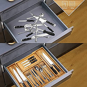 VaeFae Bamboo Drawer Organizer, Expandable Silverware Drawer Organizer and Cutlery Tray, Wooden Drawer Dividers Organizer for Kitchen Utensils and Flatware (5-7 Slots)