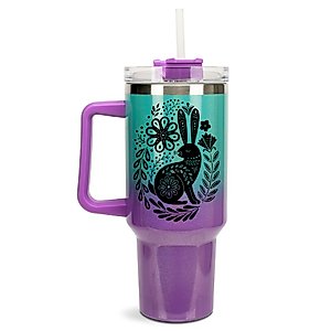 Elanze Designs Woodland Bunny Rabbit Flower Garden 40 oz. Stainless Steel, Large Water Bottle Coffee Mug, Spill & Leak Resistant, Thermal Travel Tumbler with Handle, Lid & Straw, Teal/Purple