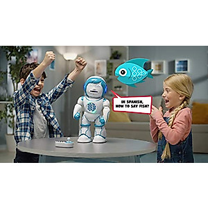 LEXIBOOK Powerman Kid - Educational and Bilingual English/Spanish Robot - Walking Talking Dancing Singing Toy - STEM Programmable Telling Creating Stories - Quizzes Shooting Discs for Kids - ROB90US