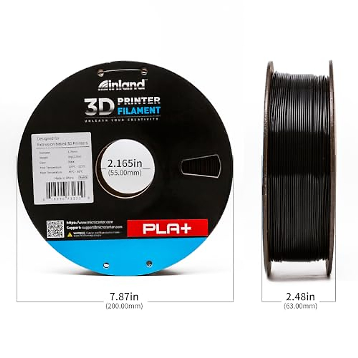 INLAND Micro Center PLA+ 3D Printing Filament 1.75mm - PLA Plus 3D Printer Filament - PLA Pro Dimensional Accuracy +/- 0.03 mm - 1kg Cardboard Spool (2.2 lbs) (1 Pack Black, 1.75mm)