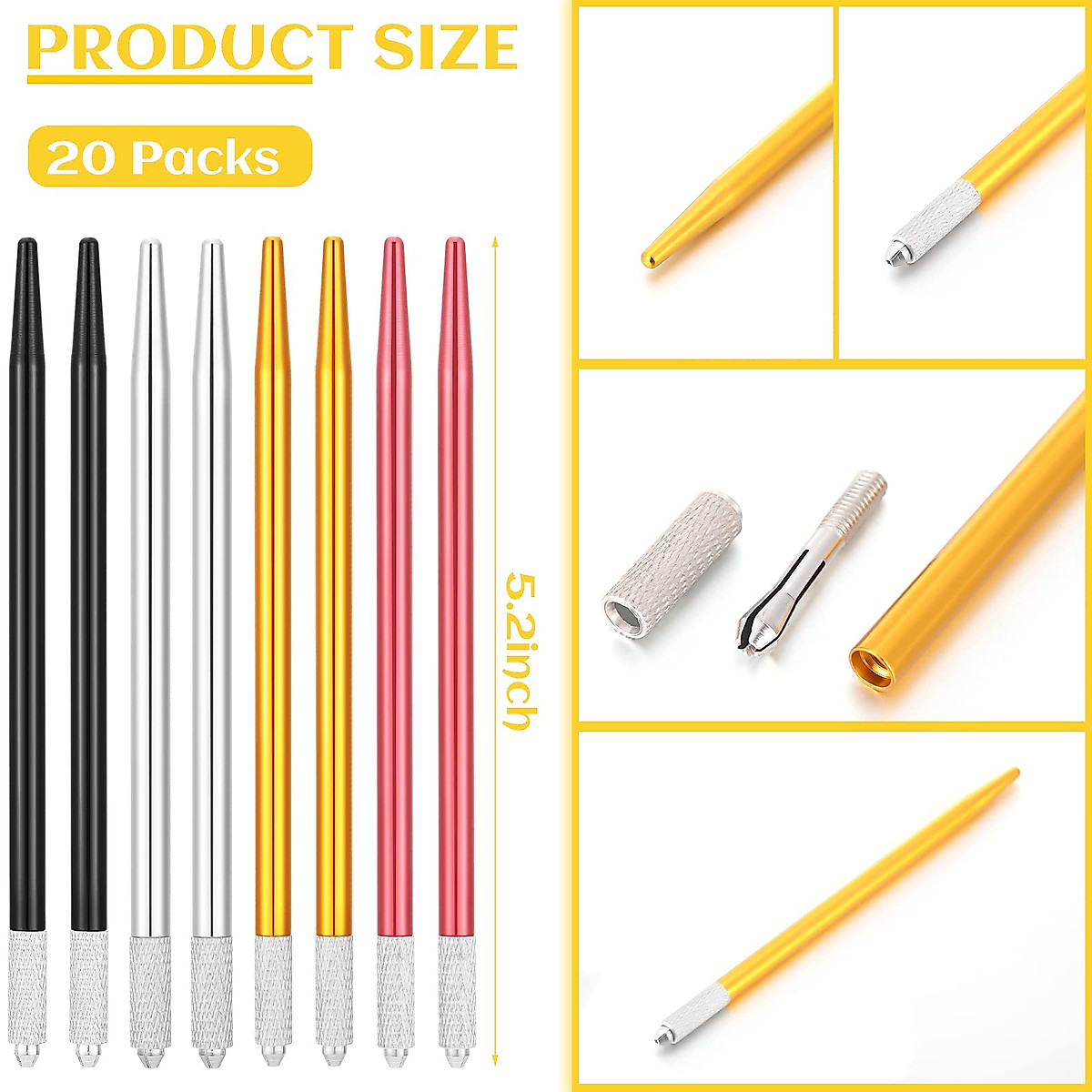 Leelosp 20 Pieces Microblading Pen Manual Eyebrow Pens Needle Holder Aluminum Microblading Hand Tools Light Microneedle Tool for Makeup Supplies Salons