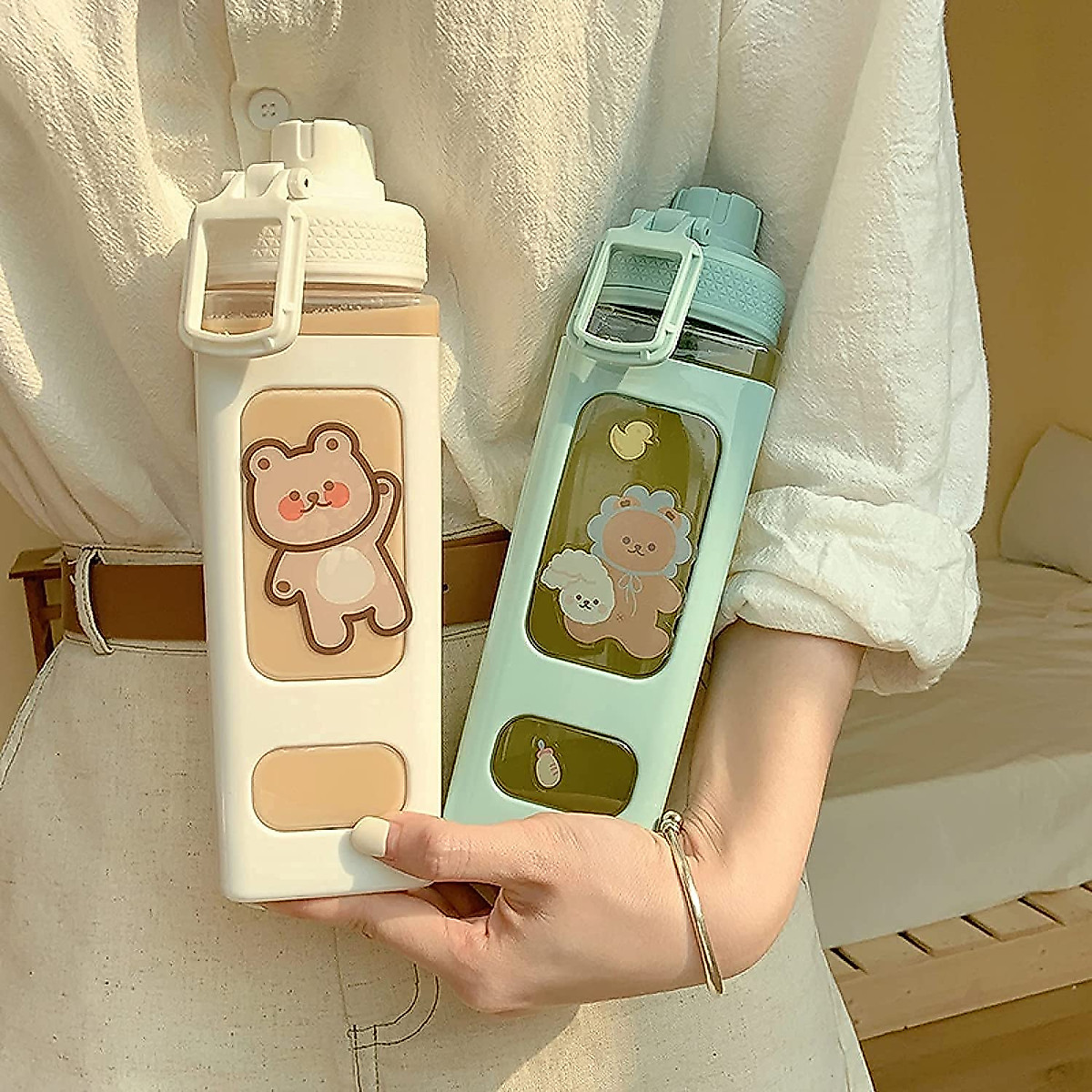 YFGBCX Kawaii Water Bottle with Straw and Sticker 23.6oz No Leak Large Cute Kawaii Bear Water Bottles Sport Plastic Portable Square Drinking Bottle for Kids Girls School Supplies