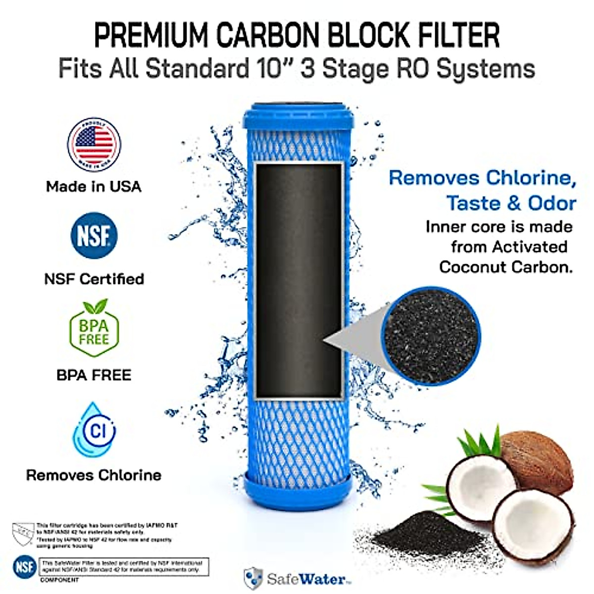 SafeWater RO Essentials Kit: (2) Premium Carbon Block Filters & (1) Premium Sediment Filter- Made in U.S.A & NSF Certified to Reduce Fines, Sediment, Chlorine, Taste, Odor, and Harsh Chemicals.