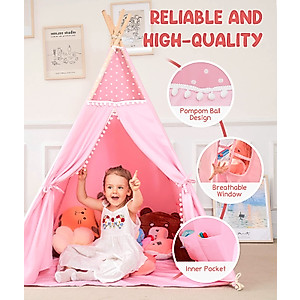 Gamenote Teepee Tent for Kids, Cotton Canvas Toddler Tents with Mat, Inner Pocket, Unique Reinforcement Part, Foldable Kids Play Teepee, Gifts Indoor Outdoor Playhouse for Baby Girls Boys