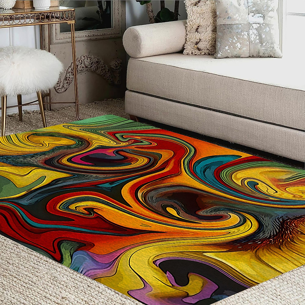 USHIRUG Modern Abstract Area Rug, 6x8ft, Contemporary Stylish Red Blue Yellow Colorful Swirl Pattern Rug Floor Mat, Modern Swirl Watercolor Non-Shedding Living Room Bedroom Kitchen Rug