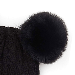 C.C Hatsandscarf Exclusives Cable Knit Double Pom Winter Beanie (HAT-2055) (Black-Color Natural Pom)