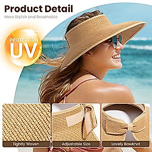 Summer Sun Visors for Women Wide Brim Roll Up Straw Beach Sun Visor Hats Womens Sun Hat Women Beach Hats for Women Foldable Sun Hats for Women, Natural Visors for Women