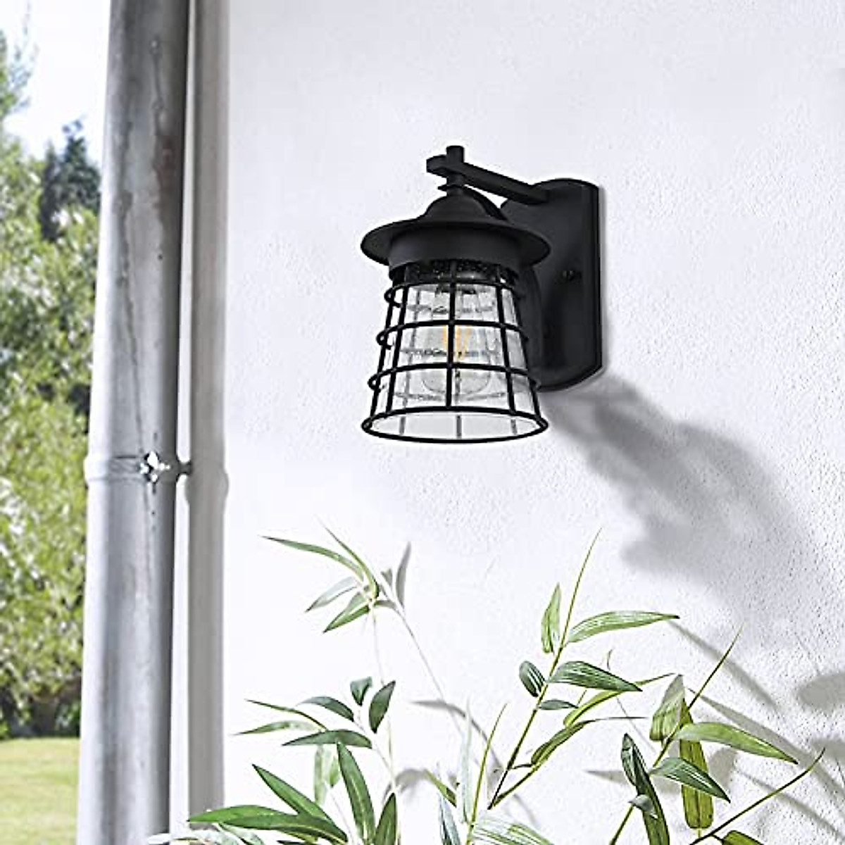 OUUED Quality Wall Lamps Rustic Outdoor Wall Lantern Light Seed Glass Shade Waterproof Exterior Wall Mounted Sconce Lighting Fixtures Black Finish E27 Socket for Home Patio Garden Garage Lamp