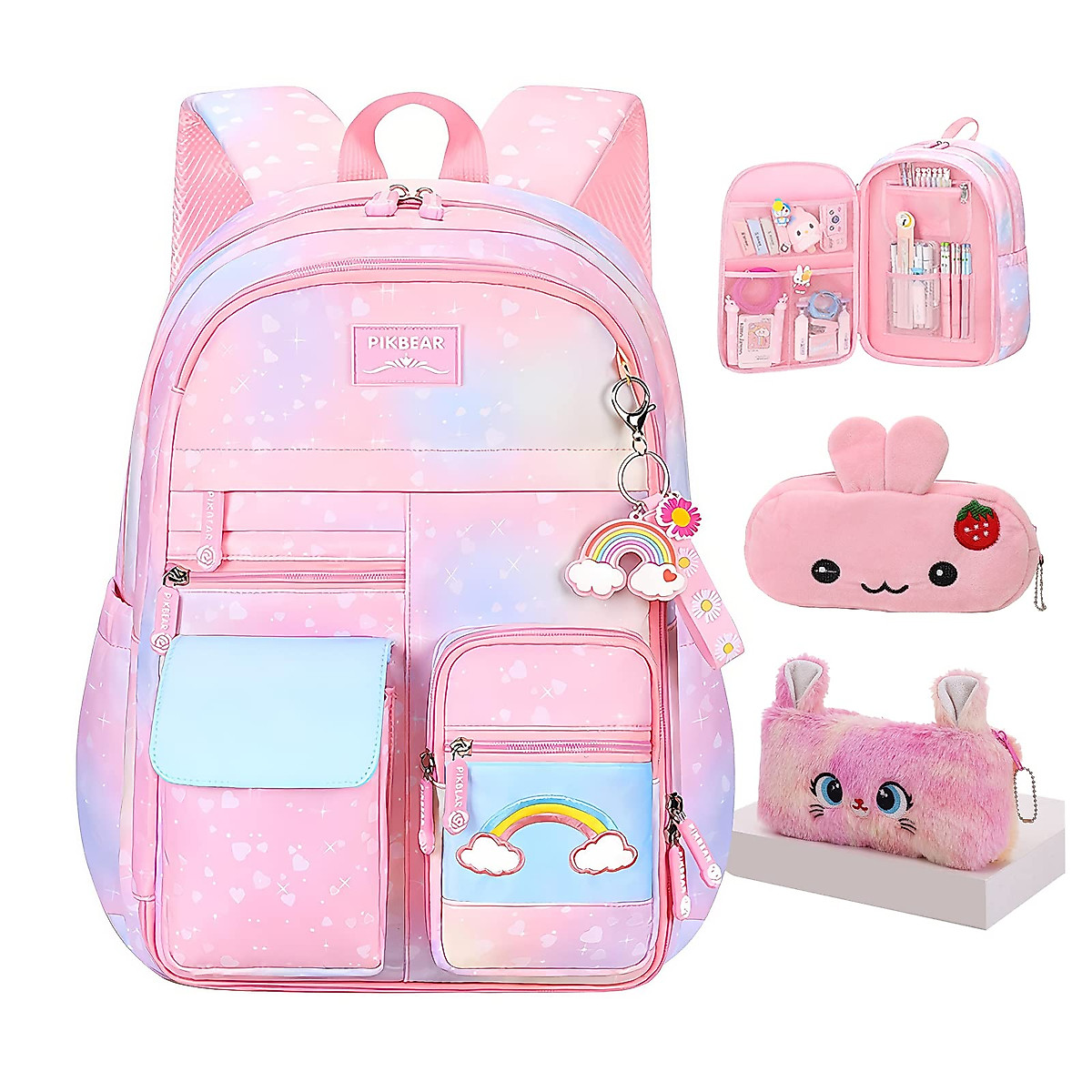 Jcobvig Rainbow Backpack For Girls Kids,Cute Student School Backpack With Pen Bag,Pink Aesthetic Starry Rainbow Laptop Travel Bag (Pink Large 17.5in