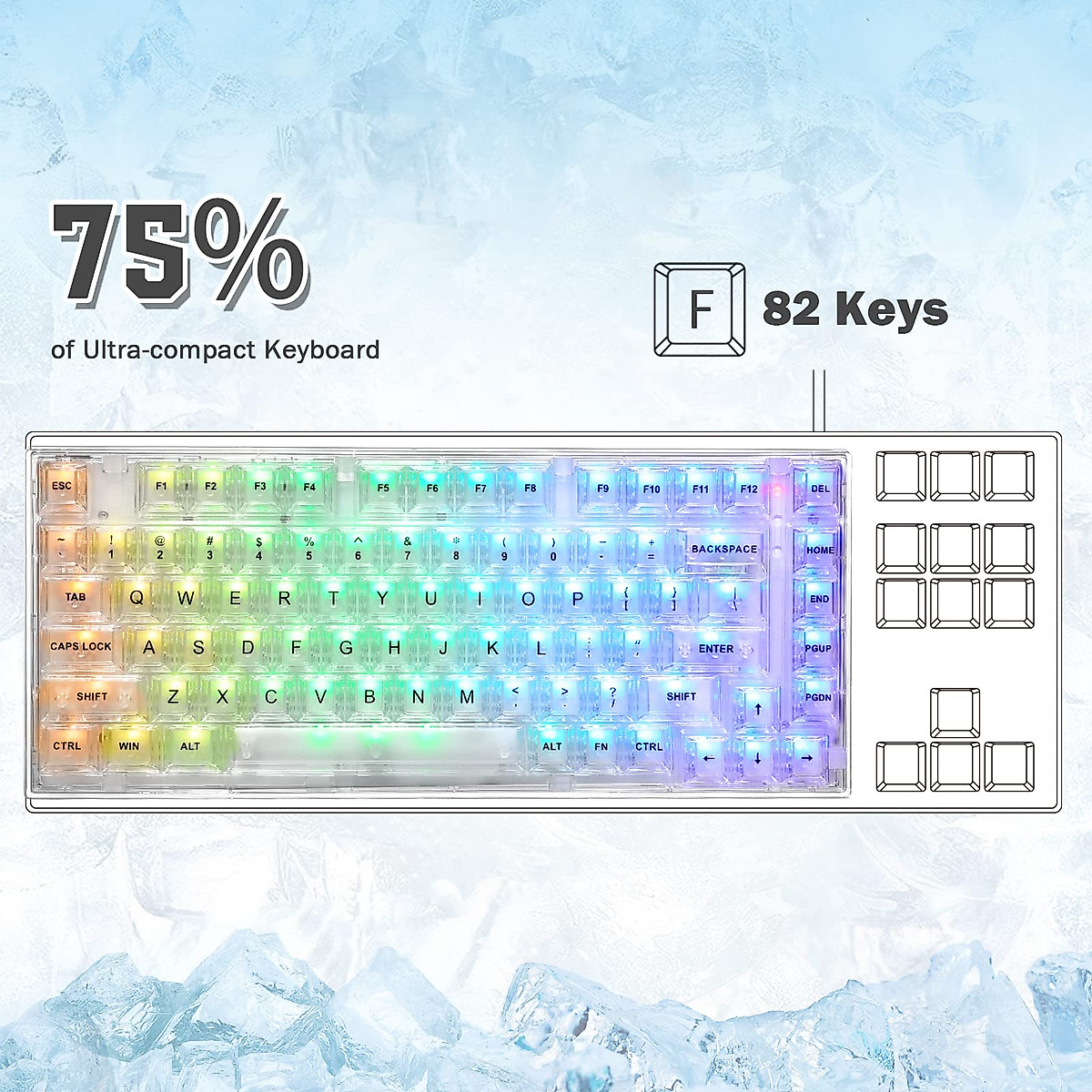 ATTACK SHARK X75 PRO PC Transparent Wireless Hot Swappable Mechanical Keyboard with 2.4G/Bluetooth/Wired Coiled Cable,Acrylic Wirst Rest,Gasket Mounted,for Windows/Mac(Kailh MX Switches)