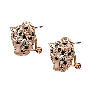 Animal Leopard Panther Jaguar Cheetah Clear and Black Cubic Zirconia Spot Dos Rose Gold Plated Leverback Stud Earrings Fashion Jewelry for Women