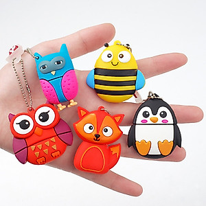LEIZHAN 5X8GB Cute Animals USB Flash Drive with Chain Bee Fox Owls Penguin Pen Drive Gifts for School Kids and Students Valentine's Day Gift (Pack of 5 Animals)