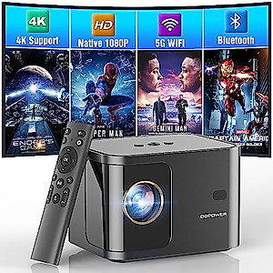 [Electric Focus] 5G WiFi Mini Bluetooth Projector 4K Support, 300 ANSI HD 1080P Portable Video Projector, ±40° Vertical Keystone|Zoom|Timer, DBPOWER Smartphone Projector Outdoor Movie for TV (Grey)