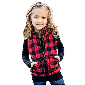 MAMAMI Kid Little Girls Puffer Lightweight Plaid Quilted Vest Cute Winter Outwear Padded Outfit(7-8 Years, Red&Black)