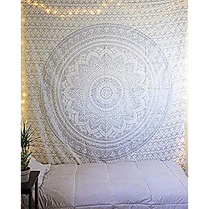 raajsee Glittering Silver Grey Tapestry Wall Hanging Mandala-Bohemian Room Decor-Indian Cotton Throw Hippie Tapestries -Queen Bedspread 82x92 inches