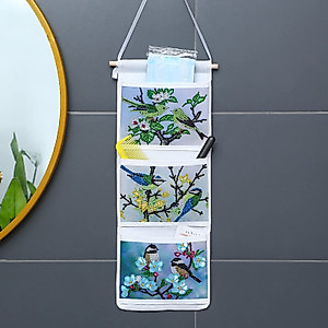 LUSandy DIY Birds Diamond Painting Hanging Storage Bag, Over The Door Wall Mount Diamond Art Closet Organizer, Hanging Storage Pouches with 3 Pockets for Bedroom & Bathroom