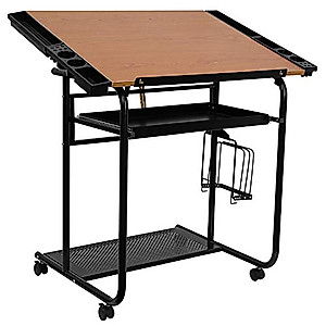 Flash Furniture Swanson Adjustable Drawing and Drafting Table with Black Frame and Dual Wheel Casters, Cherry