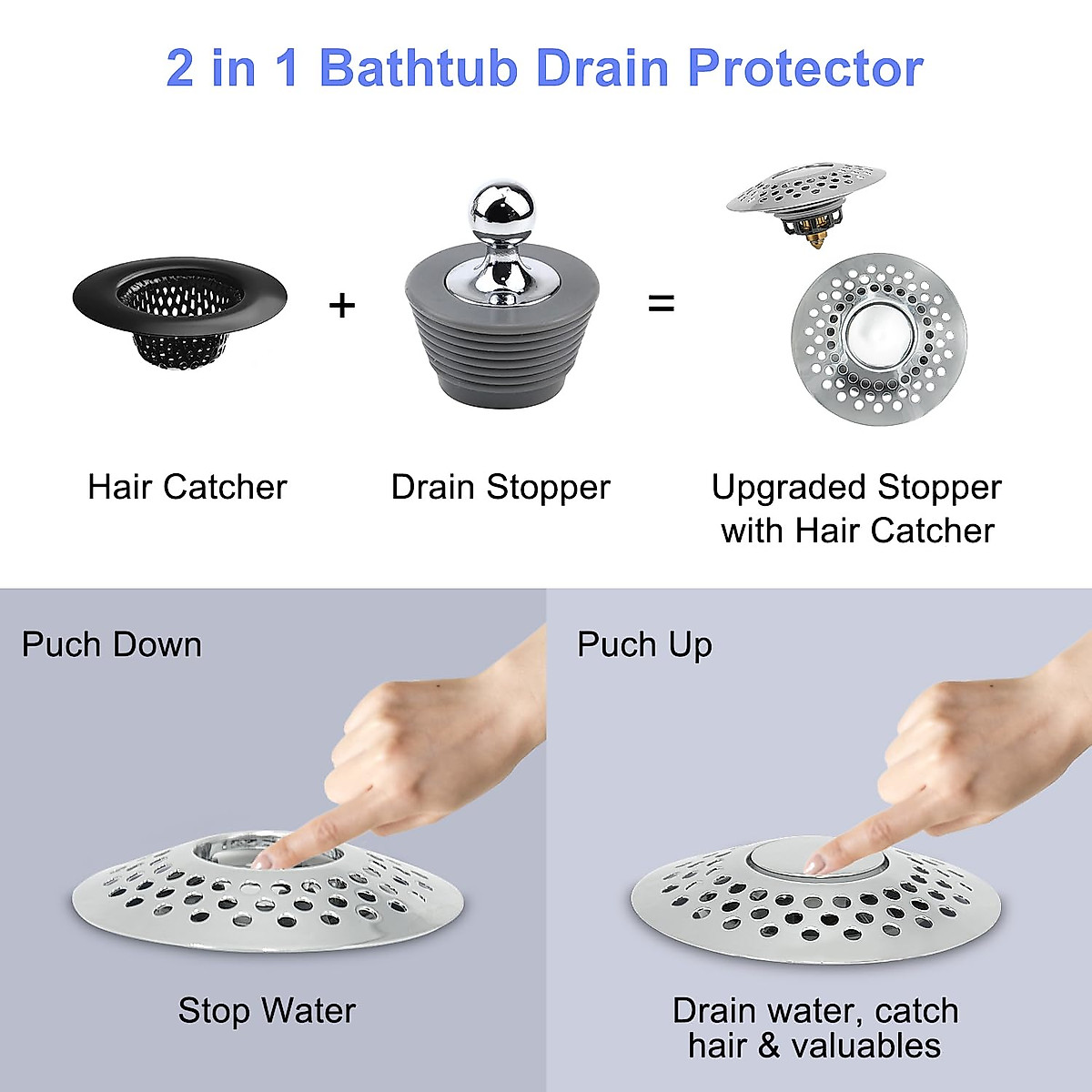 Tub Stopper Bathtub Drain Stopper- Universal Pop Up Tub Drain Stopper for Bathtub Bathroom Sink Drains Anti Clog Sink Drain Filter with Hair Catcher, Easy Install Drain Stopper &Curtain Clips