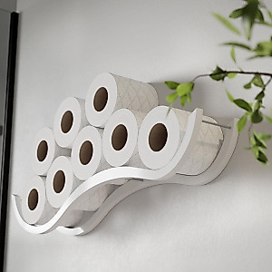 Cloud Wooden Wall Mounted Toilet Roll Holder, Black Loo Paper Storage Shelf, Floating Bathroom Organizer, Stylish Wood Tissue Rack for Wall Hanging Wave(White)