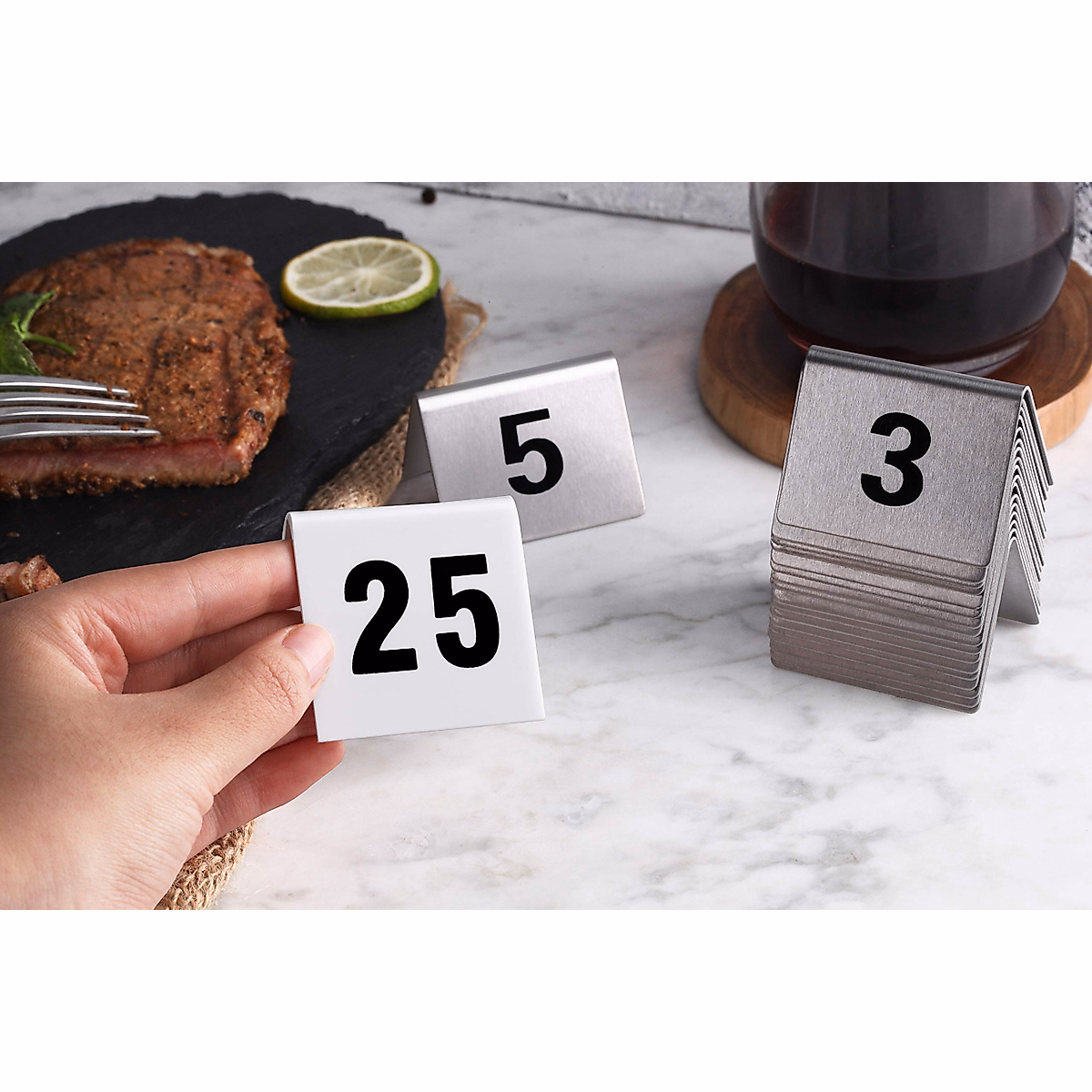 New Star Foodservice 26757 Double Sided Plastic Table Numbers, 1-25, Acrylic, White, 1.7" x 2"