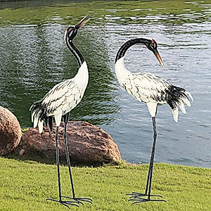 chisheen Garden Crane Statues Outdoor Heron Red Crowned Crane Metal Yard Art Sculpture,Set of 2