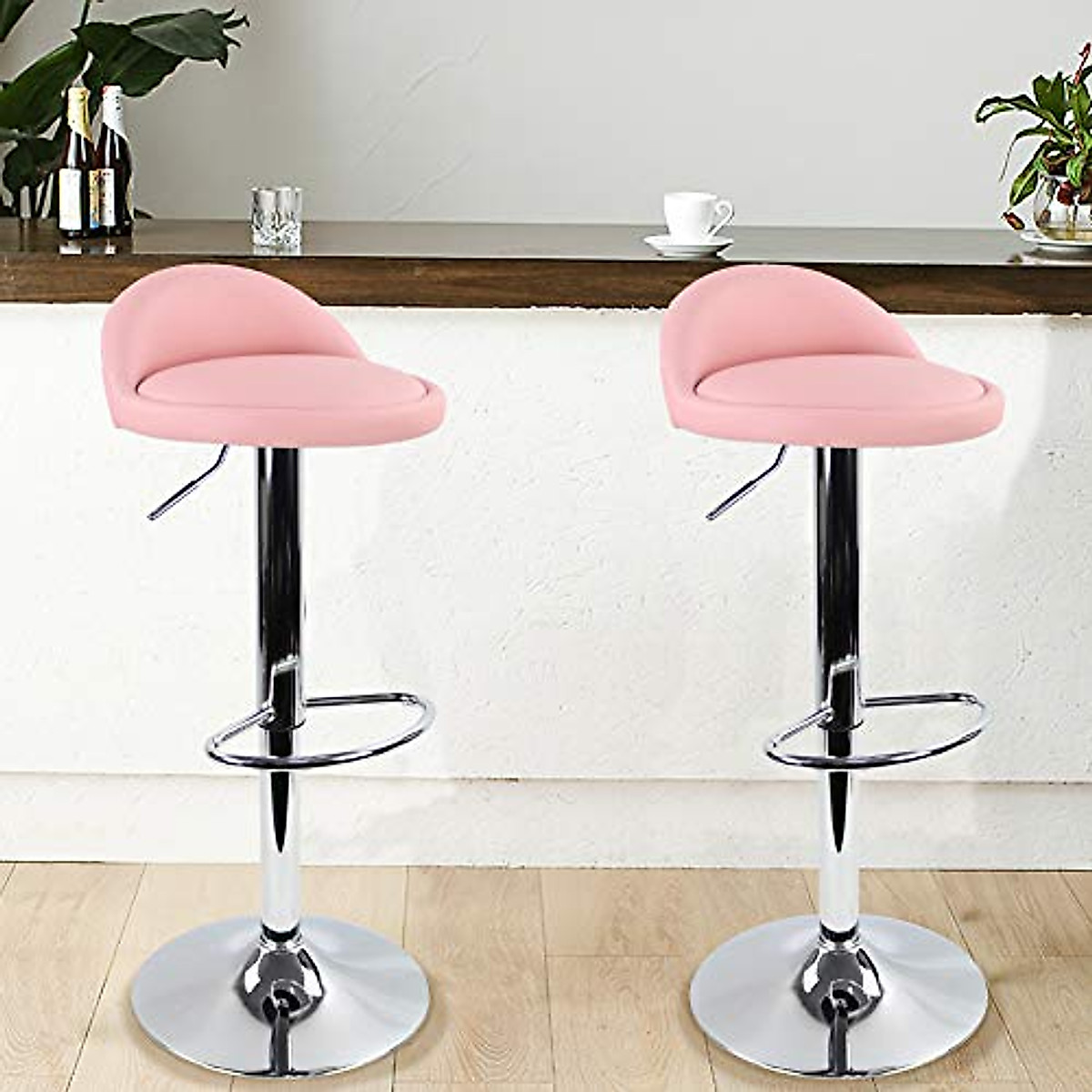KKTONER PU Leather Round Bar Stool with Back Rest Height Adjustable Swivel Pub Chair Home Kitchen Bar stools Backless Stool with Footrest (Pink)