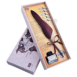 Quill Pen and Ink Set Turkey Feather Pen with 5 Steel Replacement Nibs and Dip Ink Bottle in Vintage Gift Box for Antique Calligraphy - Brown
