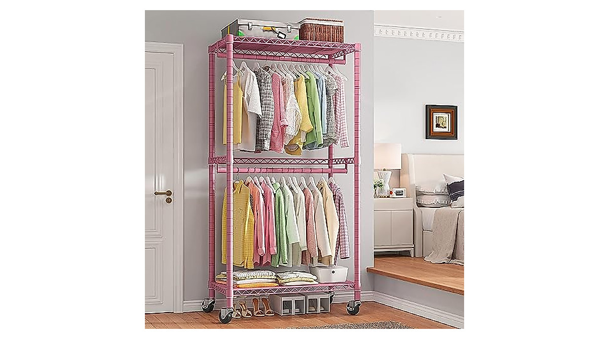 Raybee Pink Heavy Duty Clothes Rack – Adjustable, Mobile & Durable
