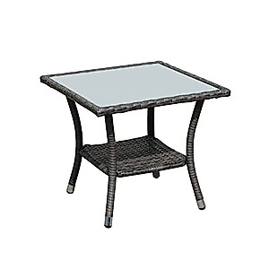 Verano Garden Outdoor Side Table, 20" Square Wicker End Table, Tempered Glass Top Coffee Table with Storage, Aluminum Frame-Gray