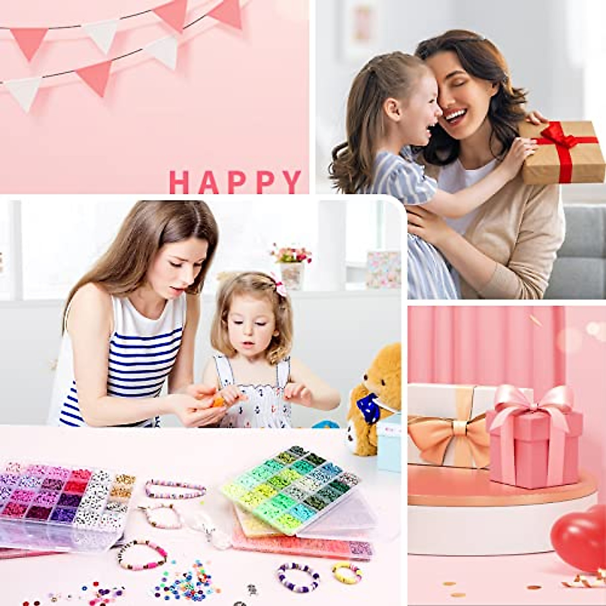 QUEFE 14000pcs, 136 Colors Clay Beads for Bracelet Making Kit Flat Round Polymer Clay Beads Spacer Heishi Beads for Jewelry Making with Pendant Charms Kit Letter Beads and Elastic Strings