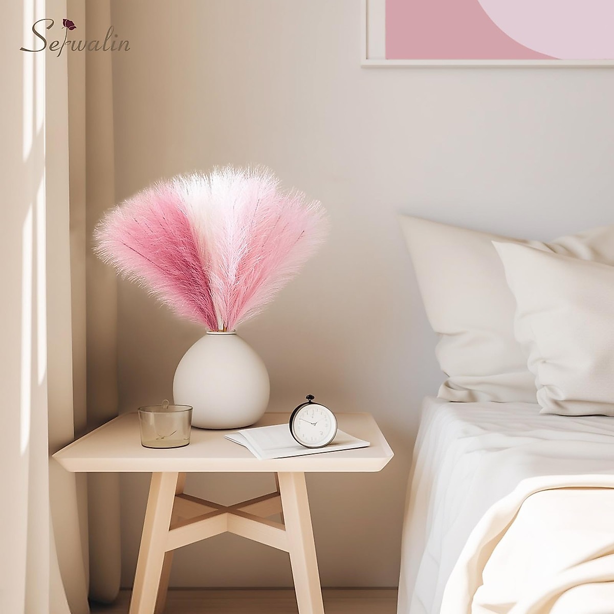 Serwalin Pampas Grass Pink 17.7 Inch 6pcs, Artificial Pampas Grass Faux Pink Pompas Grass Decor, Short Pompous Grass Blush Room Decoration, Wedding Party Centerpieces Valentine Mothers Day