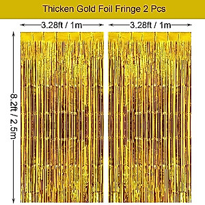 Thicken Gold Foil Fringe Curtains Decorations 3.2x8.2ft - 2 Pack, Photo Backdrop for Birthday Bachelorette Bridal Shower Baby Shower Graduation Party, Party Streams Decor