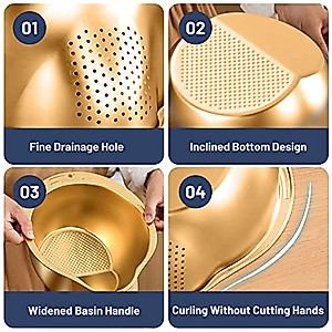 2pcs Multifunctional Drain Basin And Vegetable Washing Basin, Rice Washing Bowl with Strainer, Stainless Steel Side Drainers for Fruits, Vegetables and Beans Versatile Kitchen Tool (Gold)