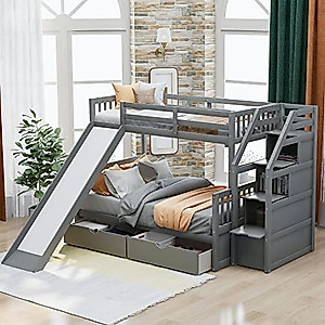 ERDAYE Multifunction Stairway Twin Over Full Bunk Bed Frame with Drawers and Slide for Children, Teens, Adults, Boys & Girls Bedroom Wood Bedframe w/Storage Staircase, No Box Spring Needed, Gray