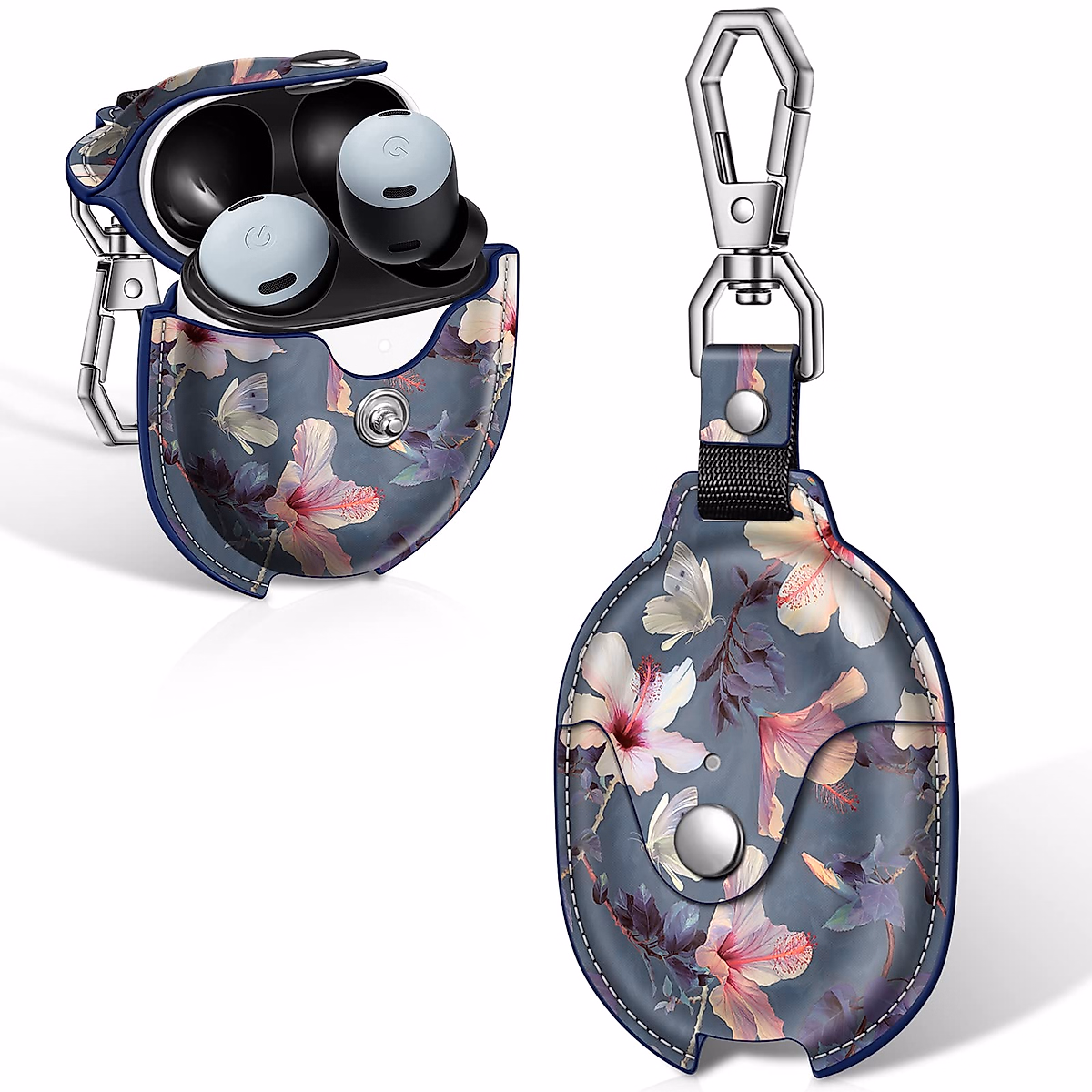 Fintie Protective Case for Google Pixel Buds Pro 2 (2024) / Google Pixel Buds Pro (2022), Premium PU Leather Slim Fit Metal Snap Closure Portable Cover Skin with Keychain, Blooming Hibiscus
