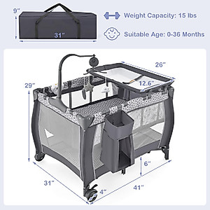 INFANS 3 in 1 Pack and Play, Portable Travel Baby Crib Bassinet with Detachable Mattress, Newborn Changing Table, Foldable Playpen with Carry Bag and 2 Wheels (Classic)