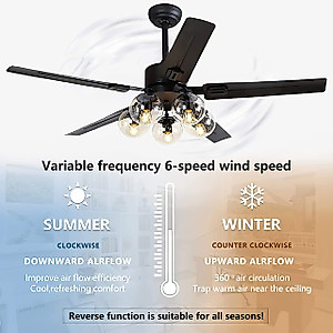 Black Ceiling Fan with Light and Remote 6 Speed Mute Metal Reversible Blades 5 Light 52" for Indoor Industrial Rustic Farmhouse Bedroom Living Room Dining Room