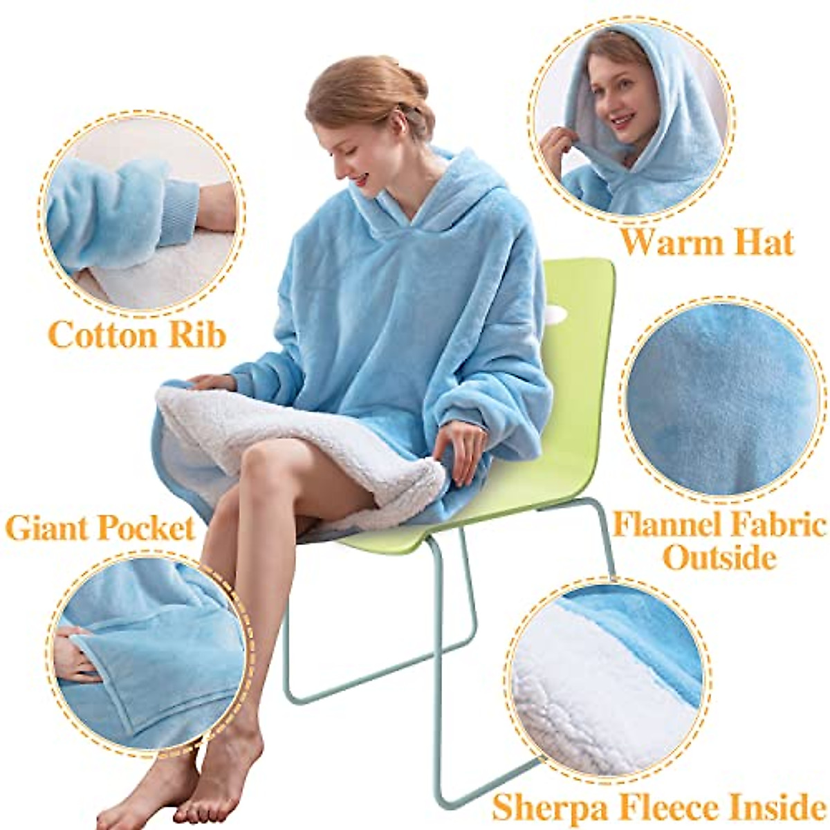 M.Nollby Oversized Wearable Blanket For Women Men Thick Flannel And Warm Sherpa Fleece Blanket Hoodie Cozy Blanket Sweatshirt With Sleeves and Giant Pocket