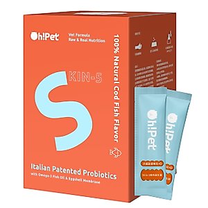 Oh!Pet 7-in-1 Skin & Coat Probiotics Powder for Dogs & Cats - 7 Billion CFUs, Omega-3 Fish Oil, Zinc, Eggshell Membrane, Softshell Turtle Egg Powder, Prebiotics, Dietary Fiber | 30 Packets