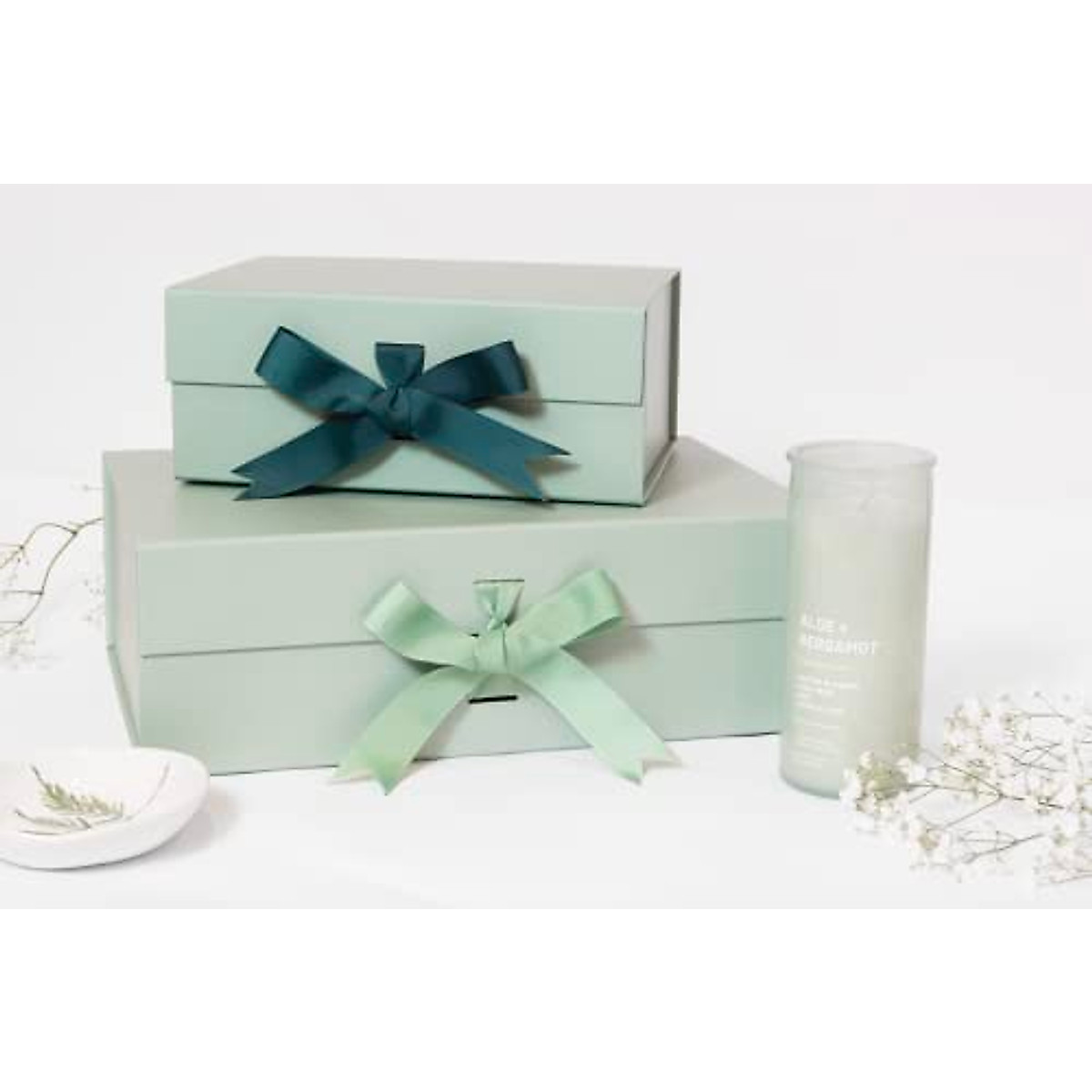 PAPER GENIUS Pack of 2 - Luxury Gift Box-13X9X4.5 Inches-with 2 Satin Ribbons | Gift Boxes for Presents | Gift Boxes with Lids for Valentines Day and Birthday (Mint Green)