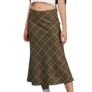 Bravetoshop Womens Vintage Bohemian Print Plaid High Waist Midi Skirt Y2K Streetwear E-Girl Slim Fit A-Line Skirt (Army Green,M)