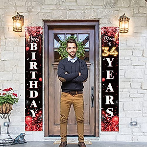 Happy 34th Birthday Porch Sign Door Banner Decor Red and Black – Glitter Cheers to 34 Years Old Birthday Party Theme Decorations for Men Women Supplies